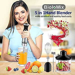 BioloMix Hand Blender 5 in 1 Immersion Blender 1000W, 6 Speed With Turbo Mode Handheld Blender Stainless Steel Blade With 800ml Chopper, 600ml Mixing Beaker, Whisk and Milk Frother
