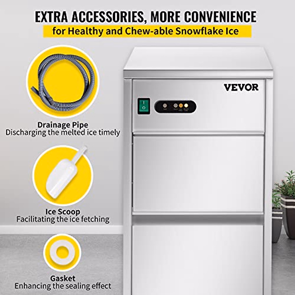 VEVOR 110V Commercial Snowflake Ice Maker 44LBS/24H, ETL Approved Food Grade Stainless Steel Flake Ice Machine Freestanding Flake Ice Maker for Seafood Restaurant, Scoop Included