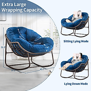 Villeston Outdoor Papasan Rocking Chair - Oversized Comfy Patio Chair Indoor Egg Royal Rattan Rocking Chair with Cushion for Front Porch Lounge Lawn Bedroom Living Room (Blue Velvet)