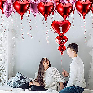 Gejoy 2 Pieces I Love You Red Heart Balloons and 20 Pieces Heart Shaped Foil Balloons with 2 Rolls Hanging Swirl Ribbon for Valentine's Day Decoration, 24 Pieces Totally