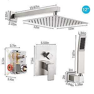 Qomolangma 12 inch Rain Shower System, Bathroom Shower Faucet Set with Pressure Balance Valve, Wall Mounted 2-Functions Shower Systems with Rain Shower and Handheld Spray Shower Trim Included