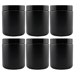Cornucopia 8oz Black Coated Glass Jars (6-Pack); Cosmetic Jars with Black Plastic Lids and Black Matte Exterior, 8-Ounce / 9-ounce Capacity