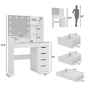 Diwnnue Vanity Desk with LED Lighted Mirror, Makeup Vanity Table Set with 6 Drawers, 3 Color Lighting Modes Brightness Adjustable, Hidden Wiring, Dressing Table for Bedroom, White