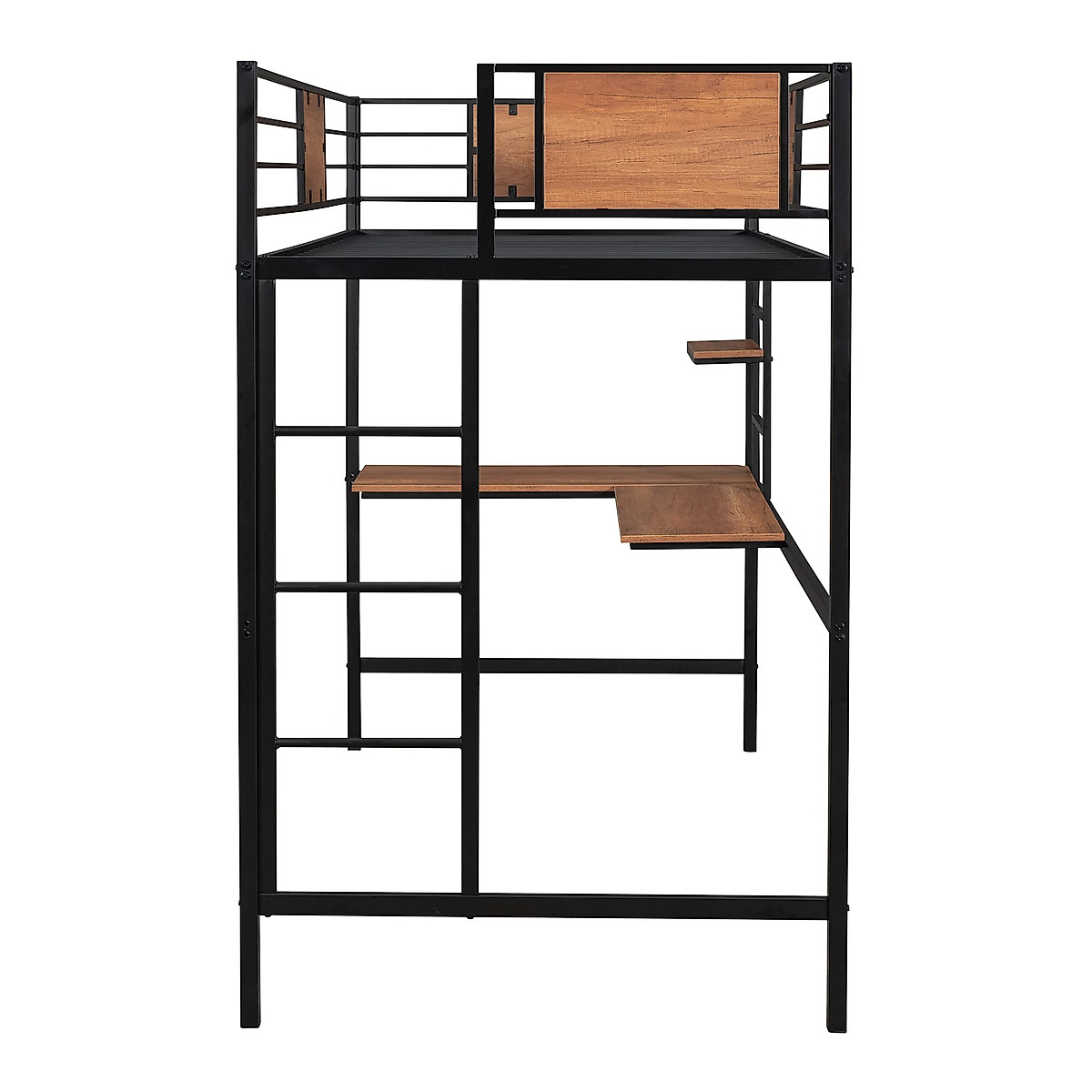 GINGVAT Twin Size Metal Loft Bed with L-Shaped Desk and Shelves,Metal Loft Bed Built-in Ladder and Guardrail,for Bedroom,Apartment,Dorm,Black