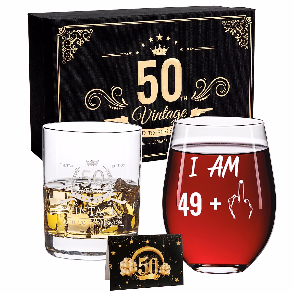 PUGED 50th Birthday Gift Set for Men or Women with Gift Package Vintage 12 oz Whiskey Glass and 49 + One Middle Finger 18 oz Stemless Wine Glass