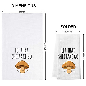 Funny Dish Towel Let That Shiitake Go Mushroom Pun Waffle Weave Kitchen Towel Sweet Housewarming Gift (Let That Shiitake Go)