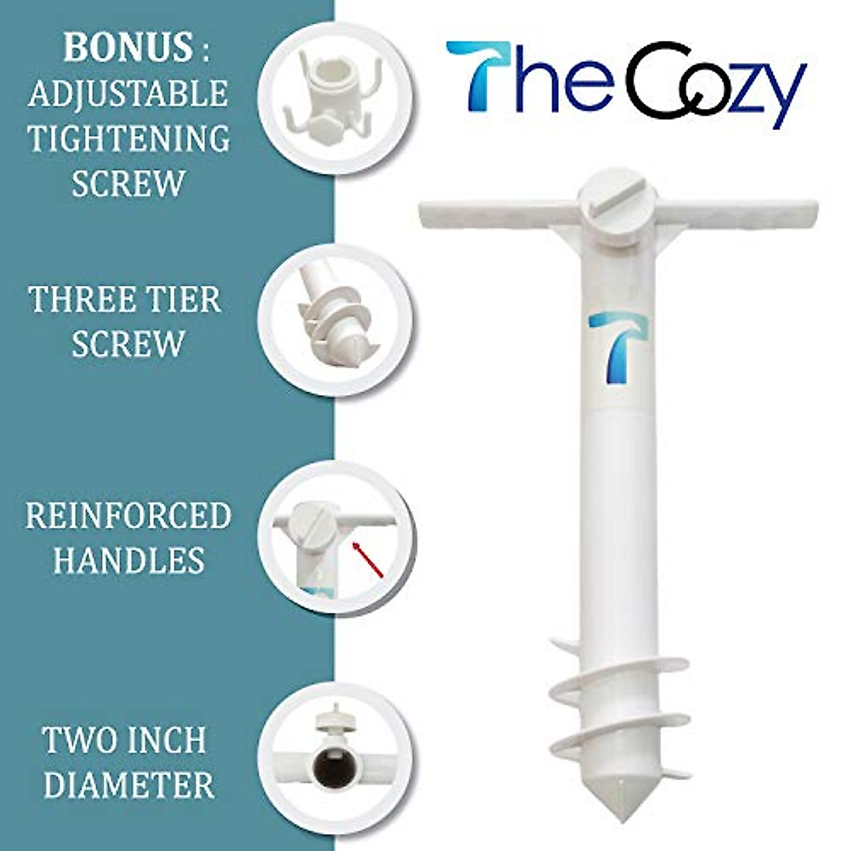 TheCozy Beach Umbrella Sand Anchor | Outdoor Umbrella Base with 3 - Spiral Screw Design | Heavy Duty Rust Free Plastic Umbrella Stand with 4 - Prongs Hanging Hook | Sturdy and Safe for Strong Wind