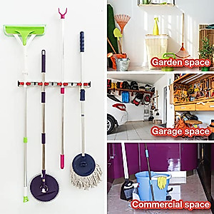 20" Broom Holder Wall Mount - 4 Sliding Broom Hangers and 5 Mop Holders, Moveable Wall Hanging Organizer for Garage, Restaurant, Kitchen and Laundry Room, Perfect for Cleaning Supplies.