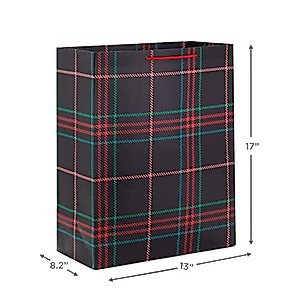 Hallmark 15" Extra Large Christmas Gift Bag Set (2 Bags: Classic Santa, Black, Red and Green Plaid) for Friends, Family, Teachers, Coworkers
