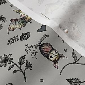 Spoonflower Fabric - Bat Pattern Grey Flowers Wild Hearts Animals Bats Decor Printed on Petal Signature Cotton Fabric Fat Quarter - Sewing Quilting Apparel Crafts Decor