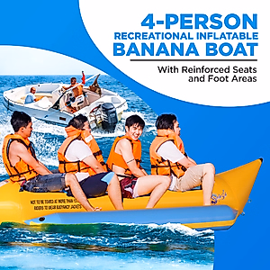 SereneLife Inflatable Floating Banana Boat, Towable Tube for Boating, up to 4 Riders, Includes Storage Bag, Food Pump, and Repair Kit