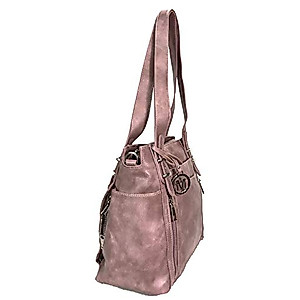 Zzfab Multi Pockets Double Handles Faux Leather Concealed Carry Purse with Hidden Locking Zipper Mauve