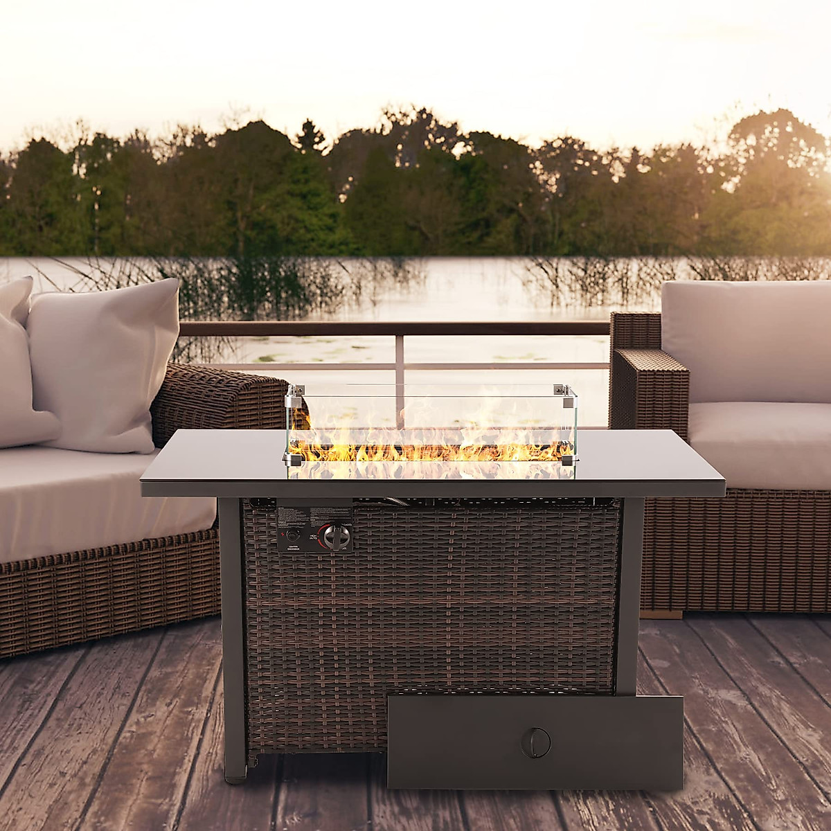 43 Inch Propane Fire Pit Table, 50,000 BTU Auto-Ignition Rattan Gas Fire Pit Table with Glass Wind Guard, CSA Approved for Outdoor Garden, Patio, Deck Poolside.