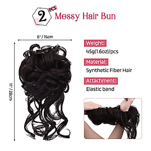 HOOJIH Messy Bun Hair Piece, 2PCS Tousled Updo with Tendrils Hair Bun Extensions Wavy Curly Hair Wrap Ponytail Hairpieces Thick Hair Scrunchies for Women HB010 Dasiy - Black Brown