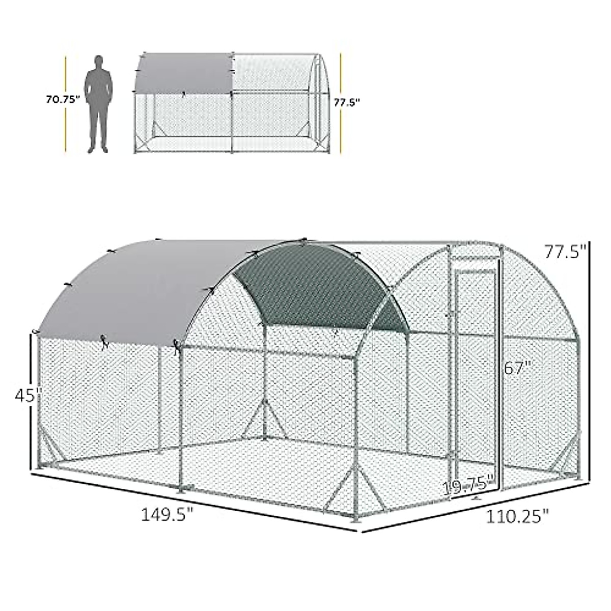 PawHut Galvanized Large Metal Chicken Coop Cage Walk-in Enclosure Poultry Hen Run House Playpen Rabbit Hutch with Cover for Outdoor Backyard 9.2' x 12.5' x 6.5' Silver