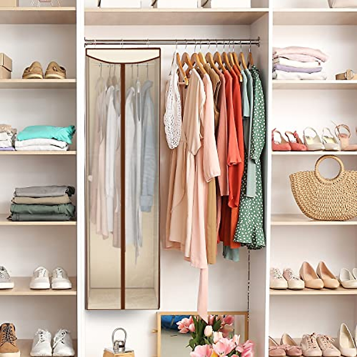 STORAGE MANIAC 2-Pack Hanging Garment Bag, Long Garment Cover for Closet, Clear Garment Bags for Storage, Large Garment Storage Bag for Dresses, Suits, Gown, Coat, Uniforms, Zipper Cover with Sealed Clear Window, Beige