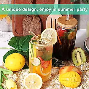 Beer Can Glass with Bamboo Lids and Straw 16 oz Drinking Glasses Can Tumbler Clear Glass Cups Reusable Beer Can Shaped High Borosilicate Glass Great for Smoothies, Tea, Cola, Juice,Soda (4pack)