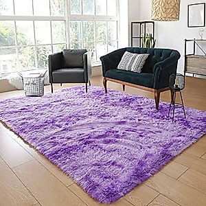 RUGICI Luxury Shag Area Rug, 5x8 Feet, Tie Dyed Purple Plush Fuzzy Rugs for Living Room Bedroom Kids Room Decor, Non-Slip Shaggy Furry Carpets