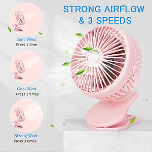 AOGELI Clip Fan,Mini Portable Fan with clip, Clip on Fan for Bed,3 Speeds Personal Fan,5000 mAh Rechargeable Battery Operated Fan, 360°Rotate Desk Fan for Home Office Travel Stroller Camping Pink