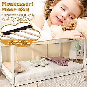 KOMFOTT Twin House Bed Frame for Kids, Solid Wood Kids Platform Floor Bed with Roof & Multiple Slats, Toddler Floor Tent Bed Frame for Girls Boys, No Box Spring Needed (White)