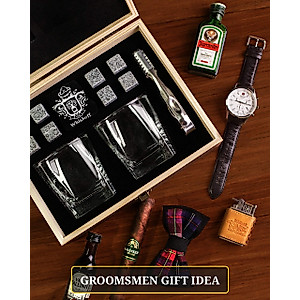 Whiskey Glass Set of 2 - Fathers Day Dad Gifts for Men - Bourbon Whiskey Stones Wood Box Gift Set - Includes Crystal Whisky Glasses, Chilling Rocks, Slate Coasters for Scotch Burbon