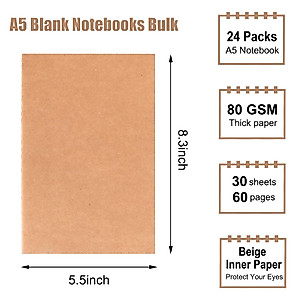 EOOUT 24 Pack Kraft Notebooks, Journals in Bulk, Blank Paper Sketchbooks, 60 Pages, 30 Sheets, 80GSM, 8.3x5.5 Inch, A5 Size, Travel Journal Set, for Gifts, Students and Office Supplies