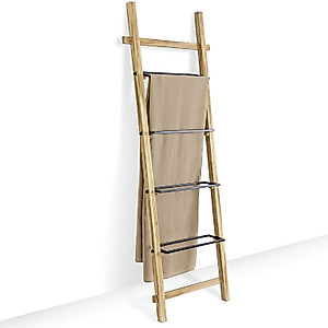 MyGift 6-Tier Blanket Ladder Wooden, 54 inch Blanket Quilt Holder Rack Decorative Ladder, Easy Assembly, Rustic Farmhouse Ladder Shelf for The Living Room Bedroom Bathroom Home Decor, Brown