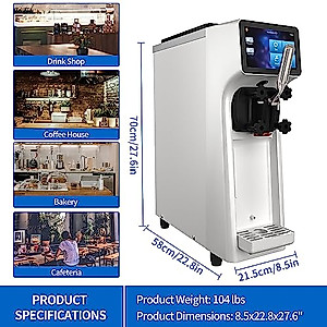 XPW Commercial Ice Cream Machine - 1000W Single Flavor Soft Serve 110V Ice Cream Maker Machine 2.7 to 4 Gallons/H Touch LCD display & Auto Clean, Ideal Ice Cream Machine for Home Bars Restaurants