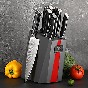 NANFANG BROTHERS Knife Set, 9 Pieces Damascus Kitchen Knife Set with Block, ABS Ergonomic Handle for Chef Knife Set, Knife Sharpener and Kitchen Shears, Knife Block Set