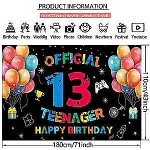 13th Official Teenager Backdrop 13th Birthday Decorations for Boys Girls 13 Year Old Birthday Party Decorations Banner Thirteenth Party Yard Sign Photo Booth Props Decor Fabric 6x4ft