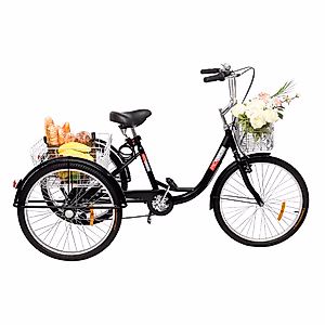 PEXMOR Adult Tricycle 7 Speed, 24/26 Inch 3 Wheel Bikes Tricycle for Adults, Adult Trike for Women/Men/Seniors, Three Wheel Cruiser Bike w/Folding Front & Rear Basket for Shopping/Recreation/Picnic