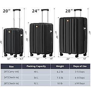 MGOB Checked Luggage 24 inch - Hard Shell Suitcase with Spinner Wheels, Lightweight PC Luggage with TSA Lock(Black, Checked-Medium 24-Inch