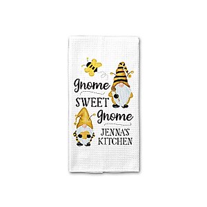 Personalized Gnome Sweet Gnome Kitchen Towel | Custom Bee Theme Dish Towel | Summer Kitchen Decor | Seasonal Decor | Kitchen Accessories | Housewarming Gift | Gift for Friend | Funny Gnome Pun