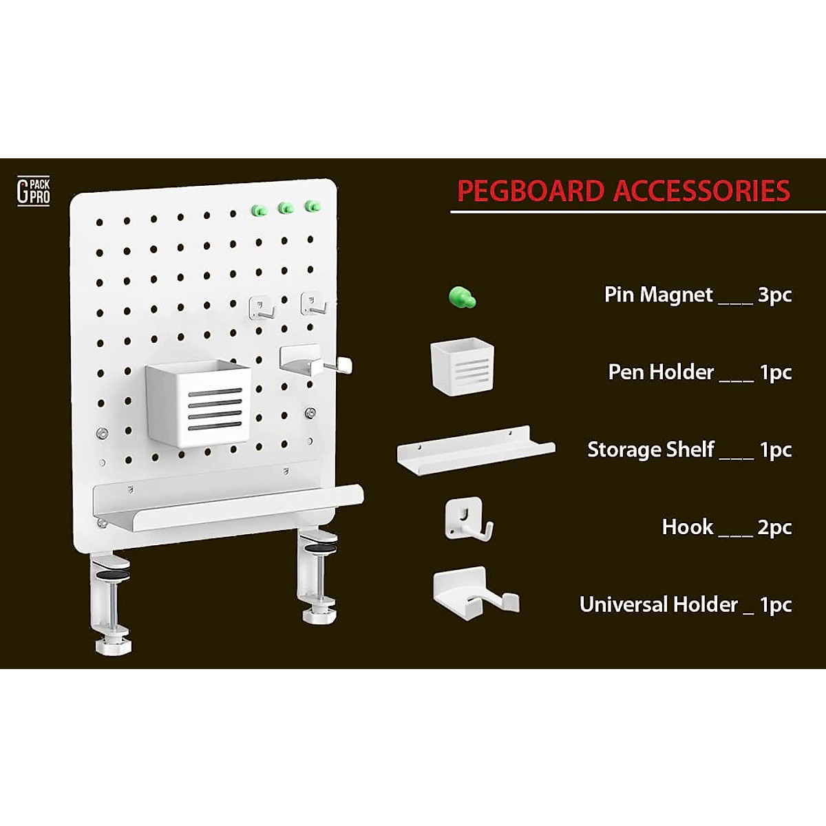 G-PACK PRO Clamp-on Desk Pegboard, Standing Desk Accessories for Office, Gaming Desk Organizer, Privacy Panel for Desk, Work Desk Organizer, 16.5 x 12.5-inch, S1 White