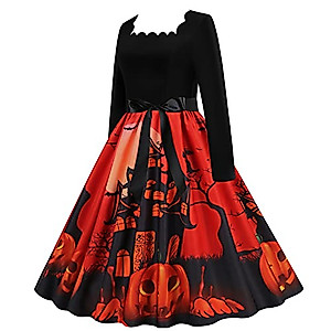 QUFECH Halloween Costumes For Women, Alice In Wonderland Costume Adult Women Maleficent Costume Kids Plus Size Bat Costume Women's Fashion Print Long Sleeve Square Neck Casual Hem Dress (XXL, Red)