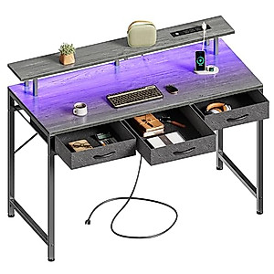 Huuger 47 inch Computer Desk with 3 Drawers, Office Desk Gaming Desk with LED Lights & Power Outlets, Home Office Desks with Storage Space for Bedroom, Work from Home, Gray