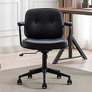LukeAlon Adjustable Pu Leather Office Chair, Comfy 360° Swivel Task Chair with Armrest Modern Thickened Seat Desk Chair Tiltable Computer Chair with Button Tufted for Home Office, Black