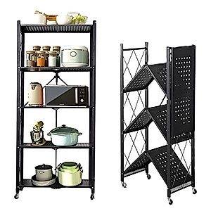 BRIGHTSHOW 4-Tier Storage Shelves, Collapsible Metal Shelf Organizer for Garage/Pantry/Kitchen/Sunroom Foldable Shelving Unit Heavy Duty Wire Shelving Show Rack with Wheels Moving Easily (4 Shelf)