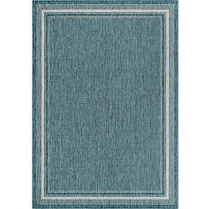 Unique Loom Outdoor Border Collection Area Rug - Soft Border (10'x 14' 1" Rectangle, Teal/ Ivory)
