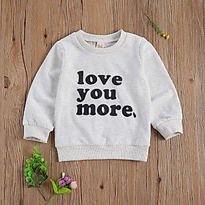 BeQeuewll Toddler Boy Girl Valentines Day Outfit Love You More Letter Crewneck Sweatshirt Little Kids Long Sleeve Sweater Tops (Grey, 6-12 Months)