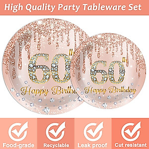 96 Pieces 60th Birthday Tableware Set for Pink Rose Gold 60th Birthday Table Decorations Supplies Pink Rose Gold Happy 60 Birthday Dessert Plates Napkins Forks for 24 Guests Women Birthday Supplies