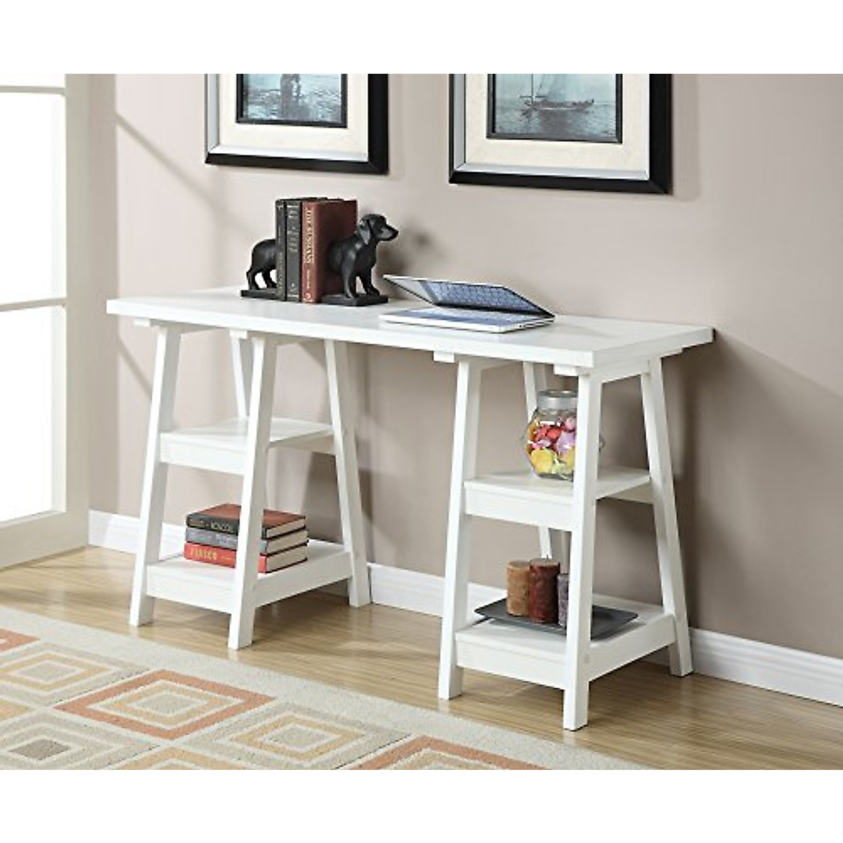 Convenience Concepts Designs2Go Double Trestle Desk with Shelves, White