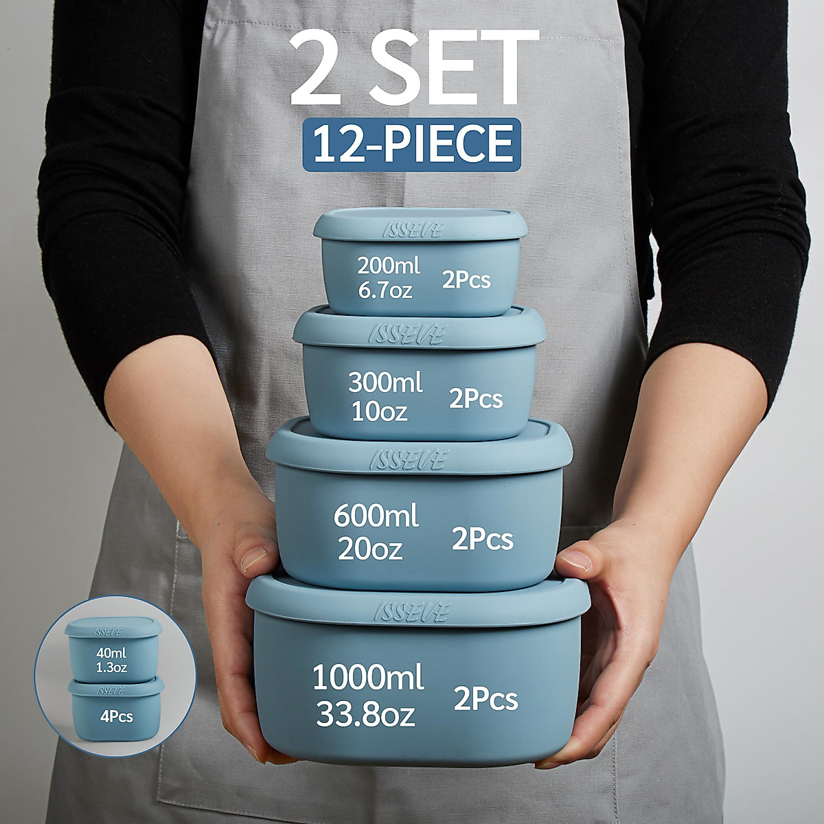 ISSEVE 12Pcs/Set Nesting Silicone Food Storage Containers with Lids, BPA Free Reusable Meal Prep Silicone Containers Airtight, Freezer Dishwasher Safe (33.8oz, 20oz, 10oz, 6.7oz, 1.3oz) (Blue)