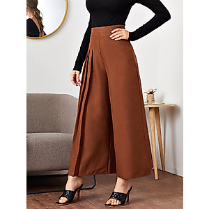Floerns Women's Solid Color High Waist Fold Pleated Detail Wide Leg Palazzo Pants Brown M