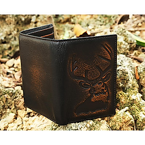 DK86 Deer Trifold Wallets for Men Full Grain Leather with Hand Burnished Tri-Fold Wallet RFID Blocking (Black and Brown)