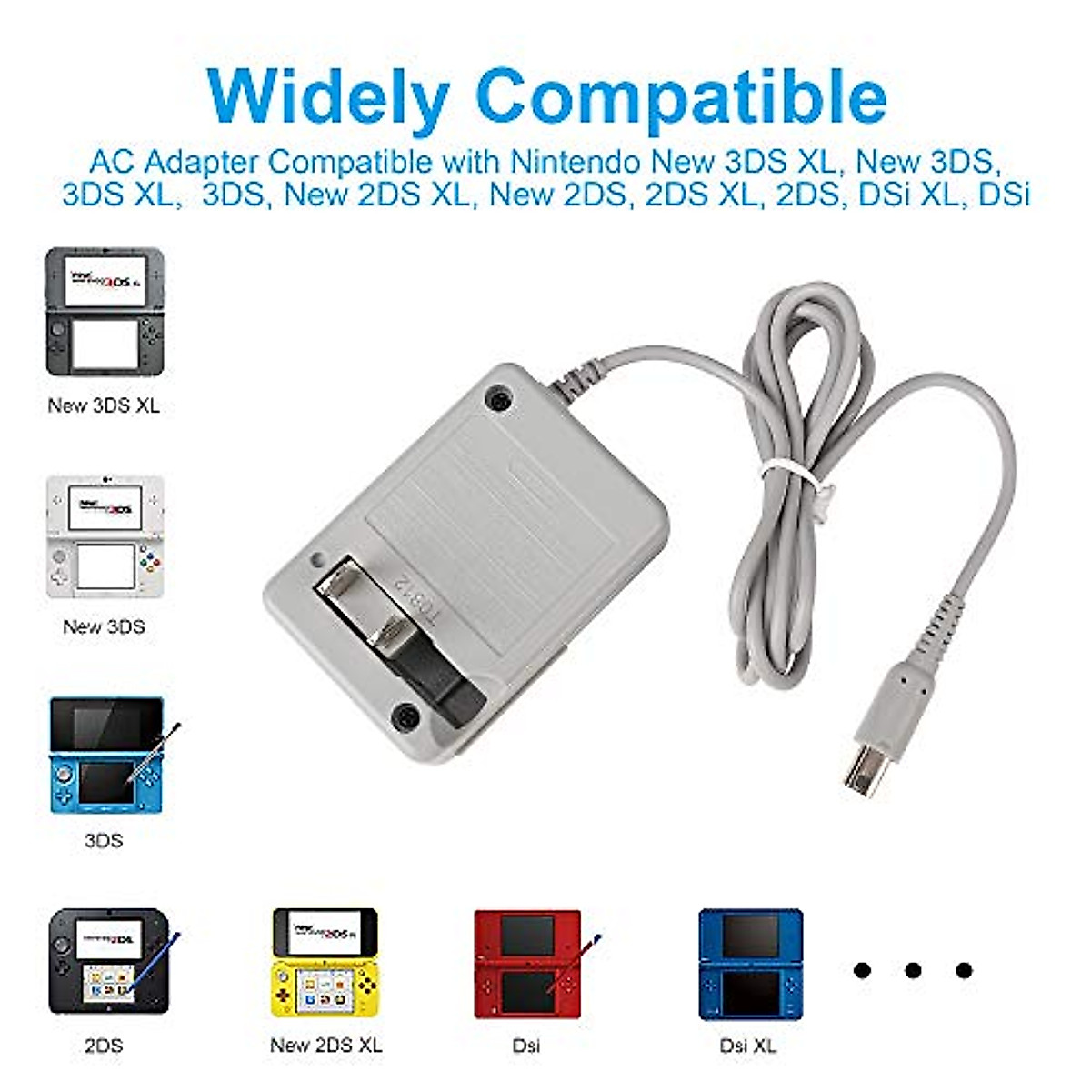 3DS Charger, DSi Charger, Power Supply Replacement for Nintendo 3DS, 3DS XL, 2DS, 2DS XL, DSi, DSi XL Charger AC Adapter(100-240 v) Home Travel Charger Wall Plug Power Adapter