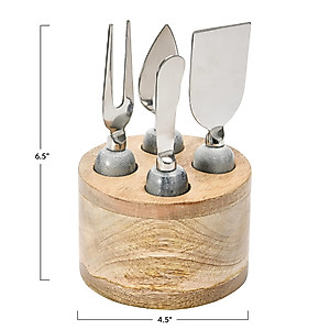 Creative Co-Op Stainless Steel Cheese Servers with Mango Wood Stand Cutlery, Set of 4, Grey & Natural