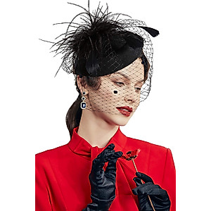BABEYOND Fascinator Hat Veil Feather Fascinators Hair Clip Tea Party Pillbox Derby Hat Fascinator Bridal Wedding Black