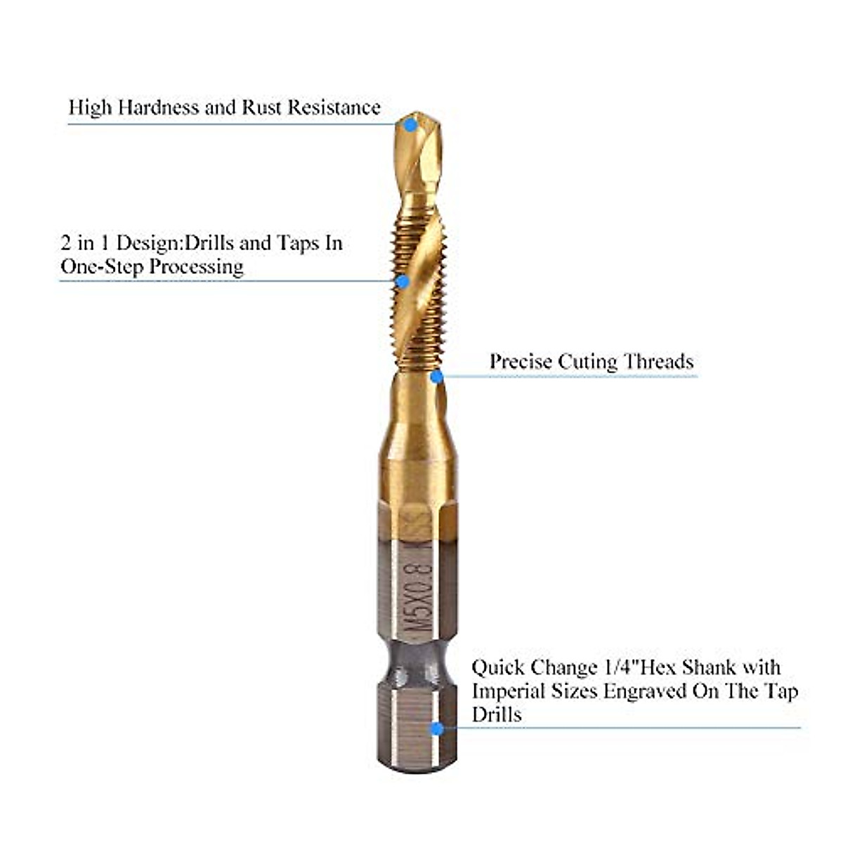 6pcs Tap Drill Bits Set, HSS M3-M10 Coated Combination 1/4" Hex Shank Screw Thread Metric Tap Drill