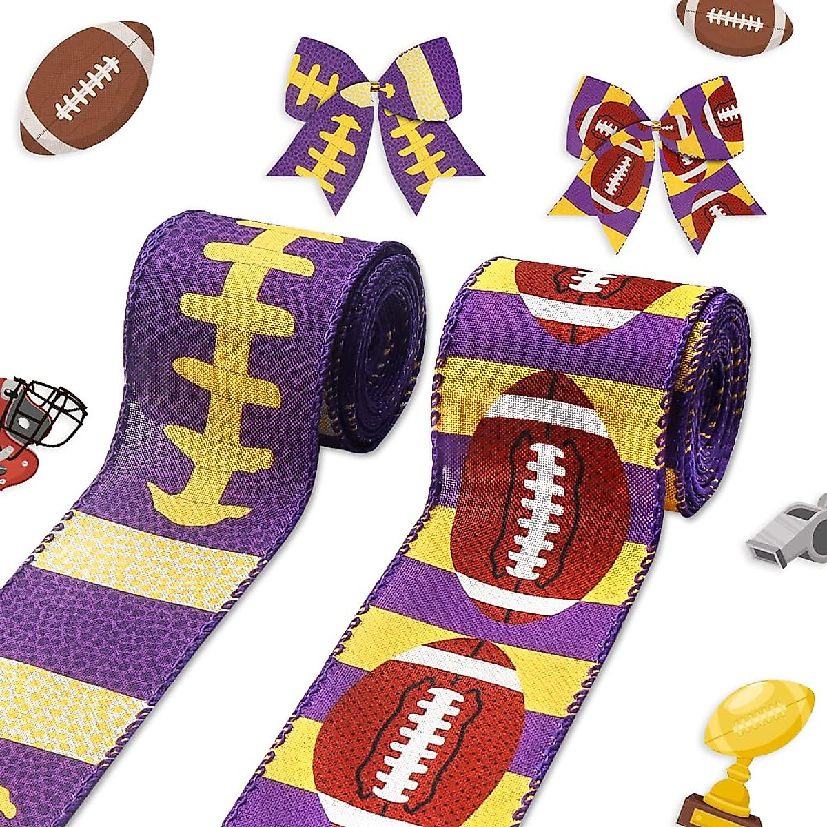 Threetols 2 Rolls 10 Yards Football Wired Edge Ribbons, 2.5inch Purple Yellow Stripe Burlap Ribbons, Fall Brown Sport Ribbon for Super Football Bowl DIY Craft Fall Wreath Bow Decor